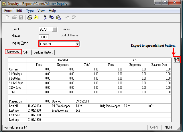 Client/Matter Inquiry report